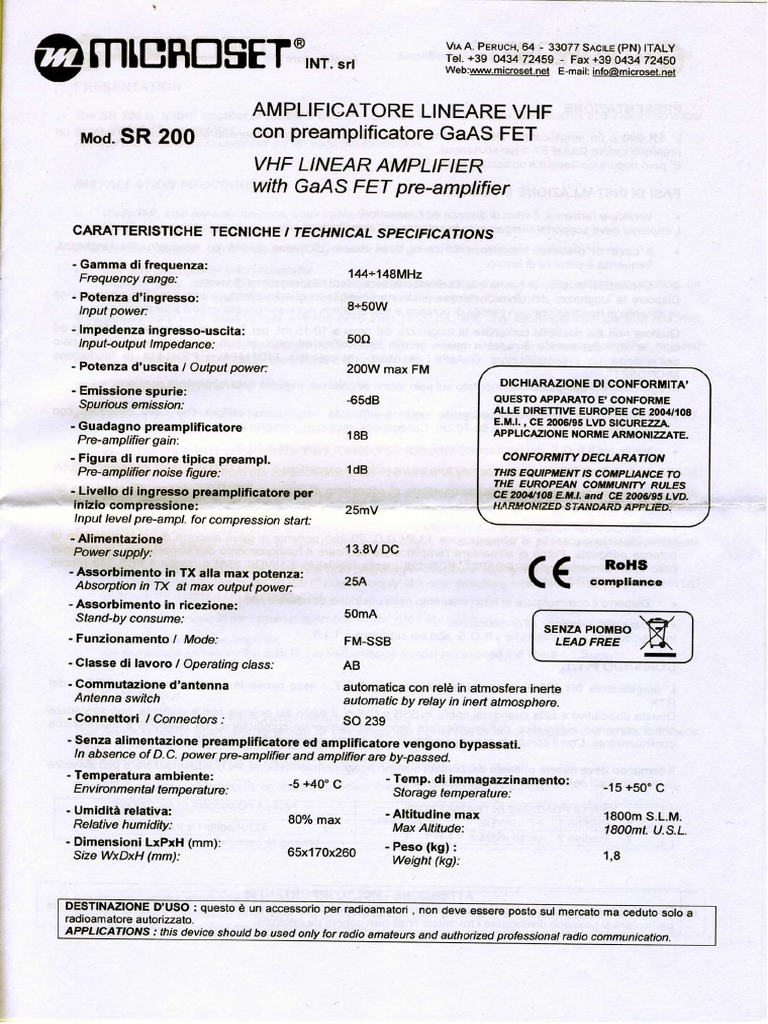 Microset SR200 Amplifier - User Manual | PDF