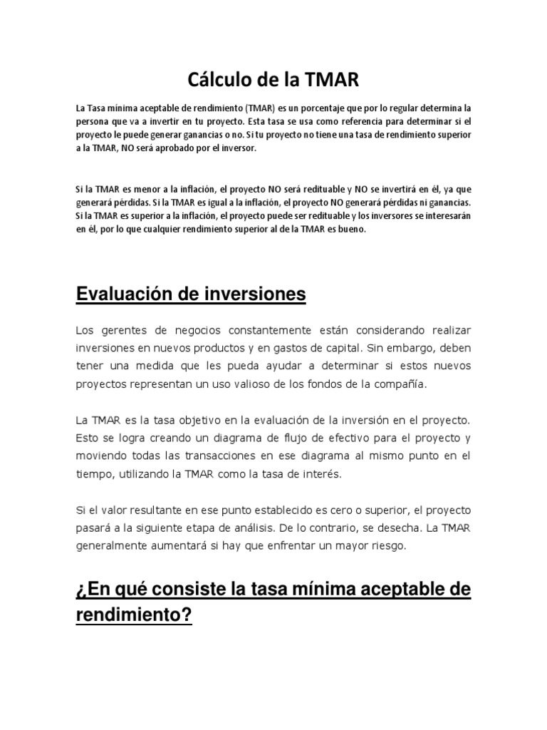 Cálculo de La TMAR | PDF | Flujo de caja descontado | Tasa interna de ...