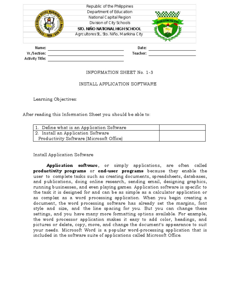 TLE ICT 10 - Install An Application Software - Activity Sheet | PDF ...