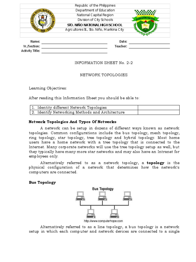 TLE ICT 10 - Network Topologies - Activity Sheet | PDF | Network Topology | Peer To Peer