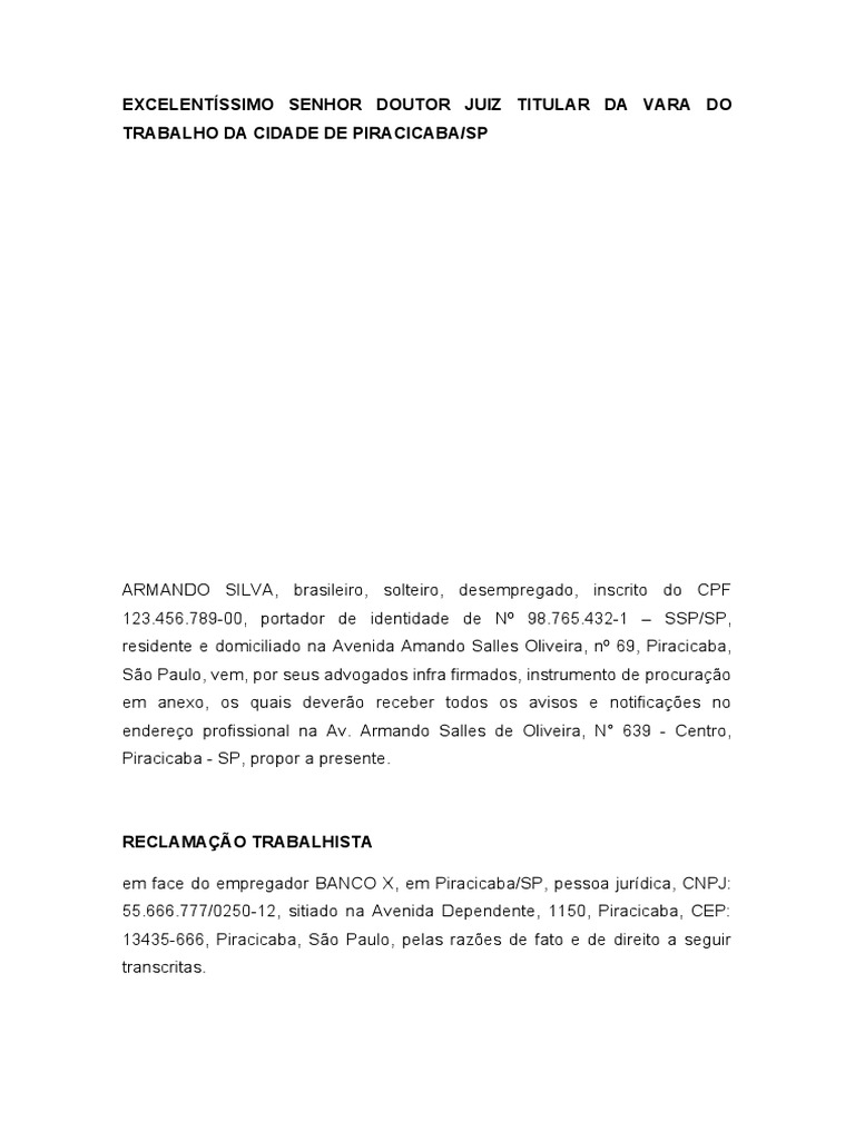 Modelo de Petição Inicial - Reclamação Trabalhista | PDF | Férias ...