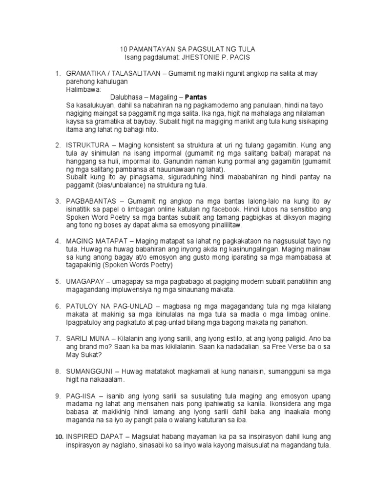10 Pamantayan Sa Pagsulat NG Tula | PDF