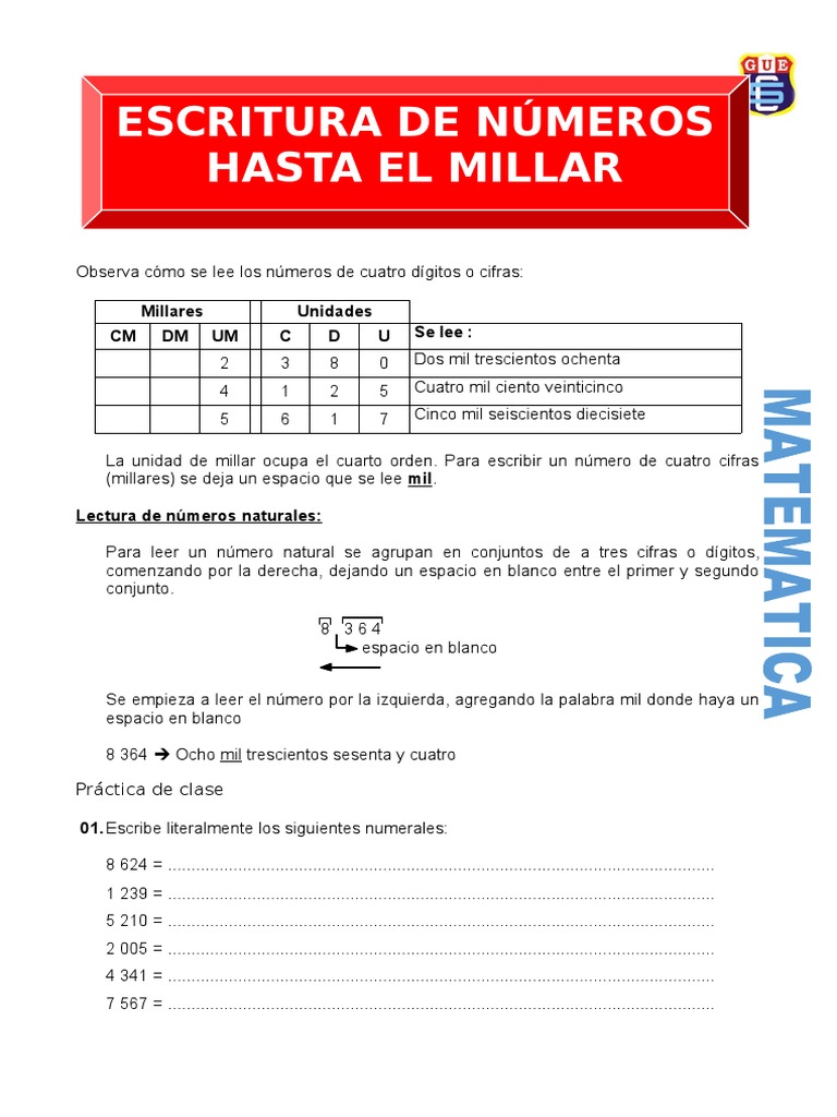 Lectura Y Escritura De Números Naturales Hasta El Millar Pdf