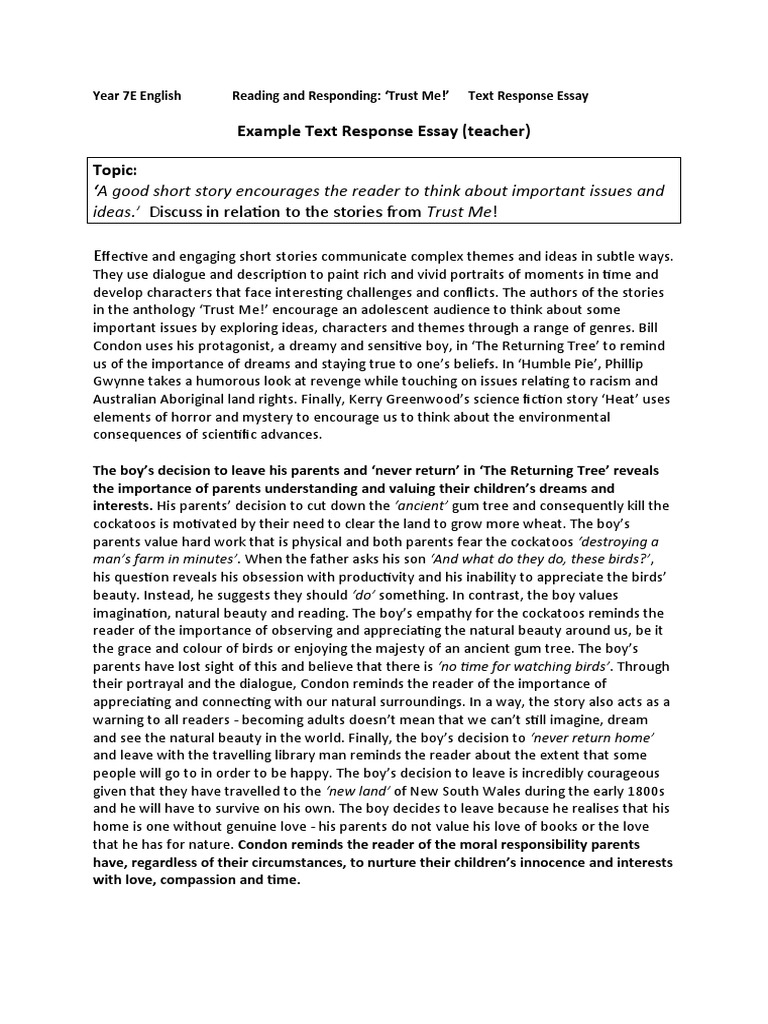 Example Text Response Essay (Teacher) Topic | Download Free PDF | Short ...