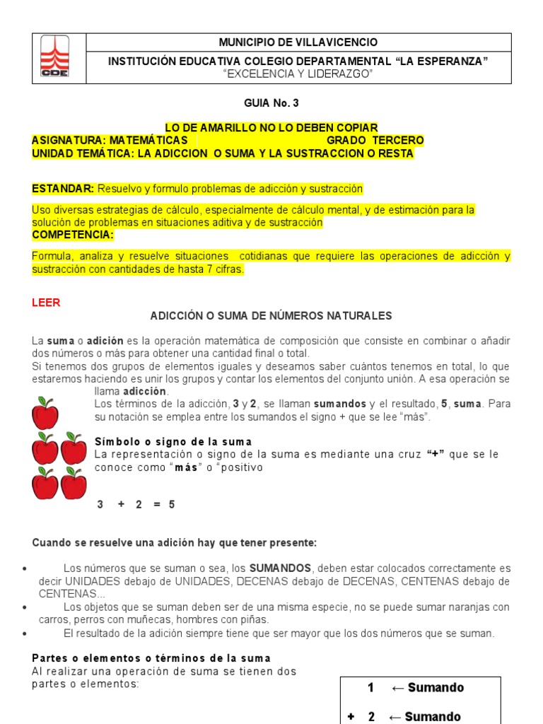 Guía 3 Matemáticas Grado 3 Cde Pdf Sustracción Teoría Del Anillo