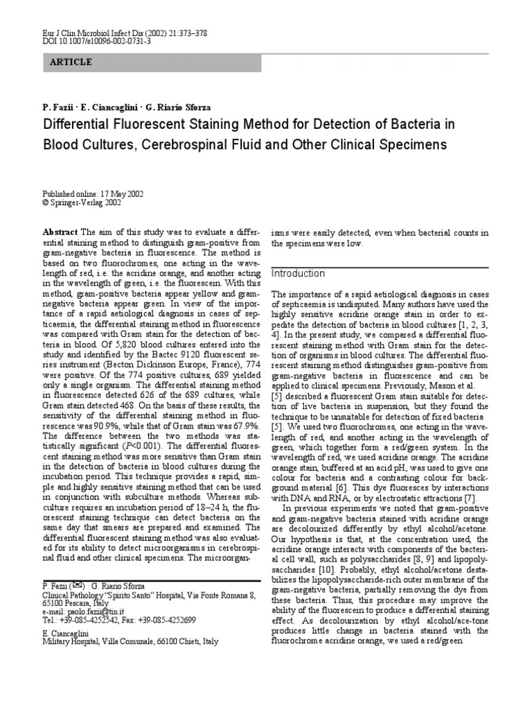 Differential Fluorescent Staining Method For Detection of Bacteria in ...