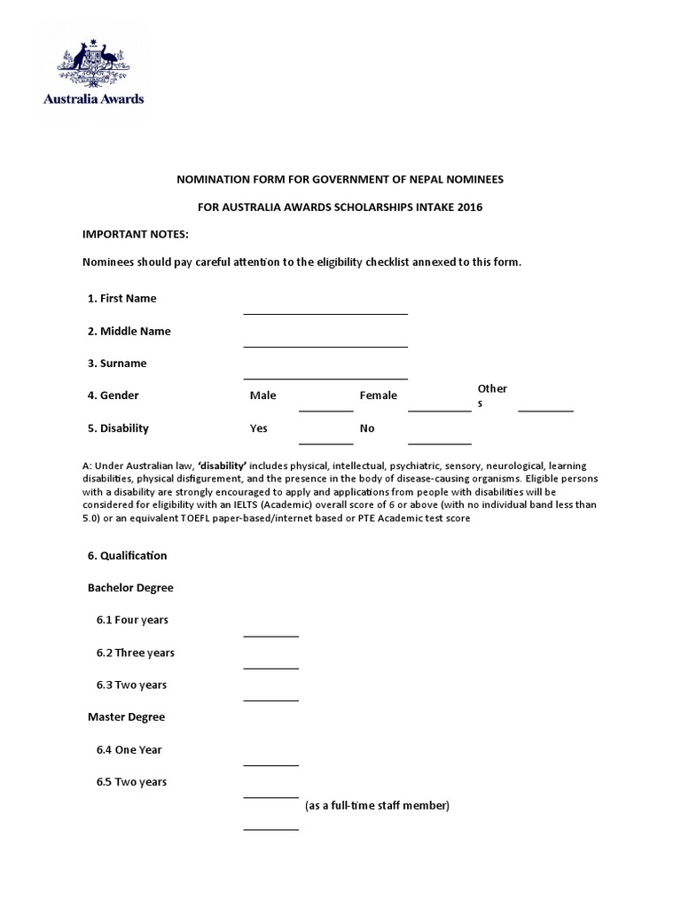Nomination Form For Government of Nepal Nominees For Australia Awards ...