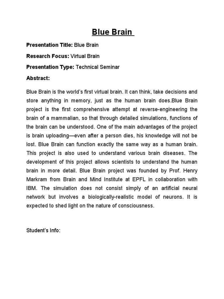 Blue Brain: Presentation Title: Blue Brain Research Focus: Virtual ...