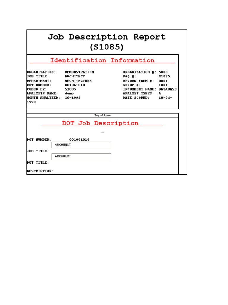 Job Description Report (S1085) : Identification Information | Download ...