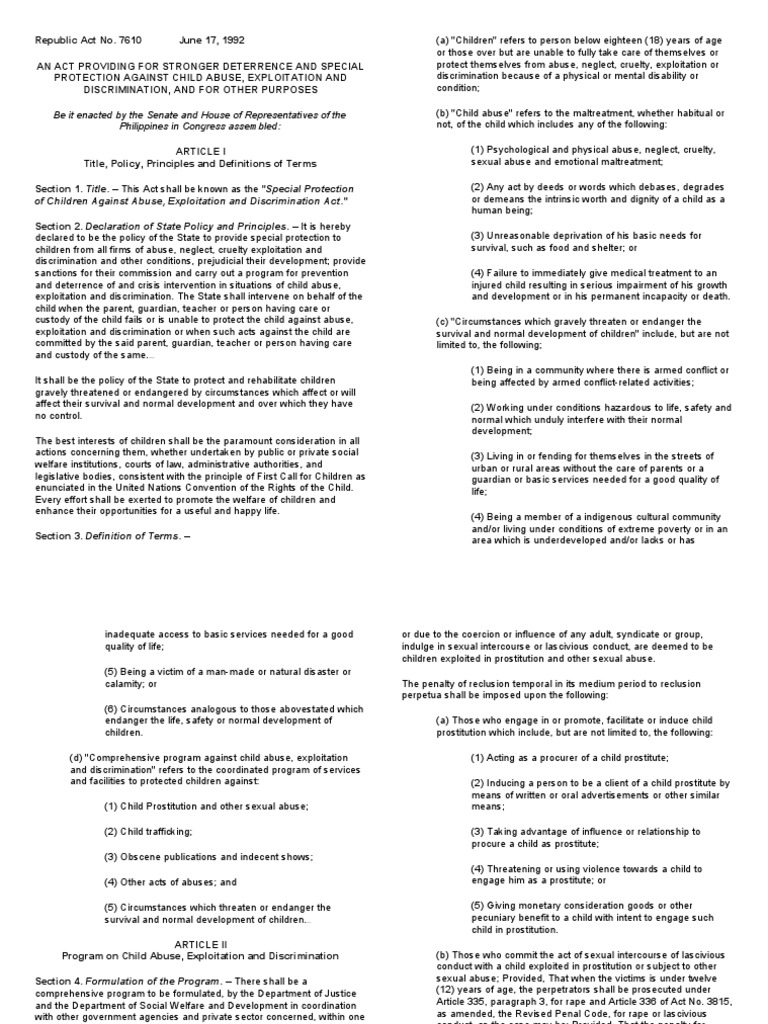 Ra 7610 | PDF | Obscenity | Child Abuse
