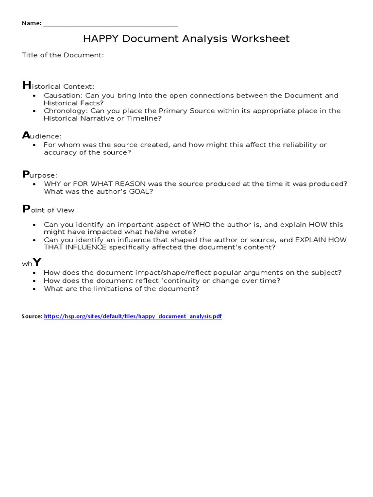 HAPPY Document Analysis Worksheet | PDF | Historiography | Narration