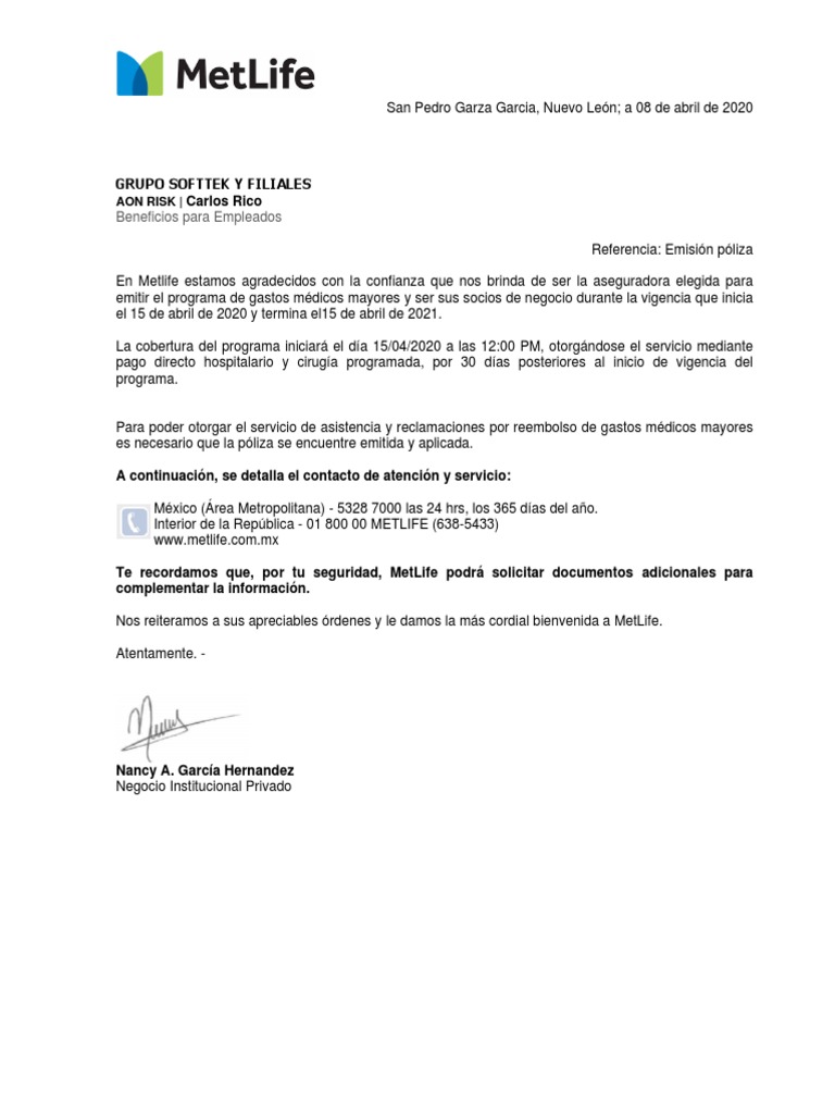 Carta - Cobertura - Metlife - Grupo Softtek - 20-21 PDF | PDF