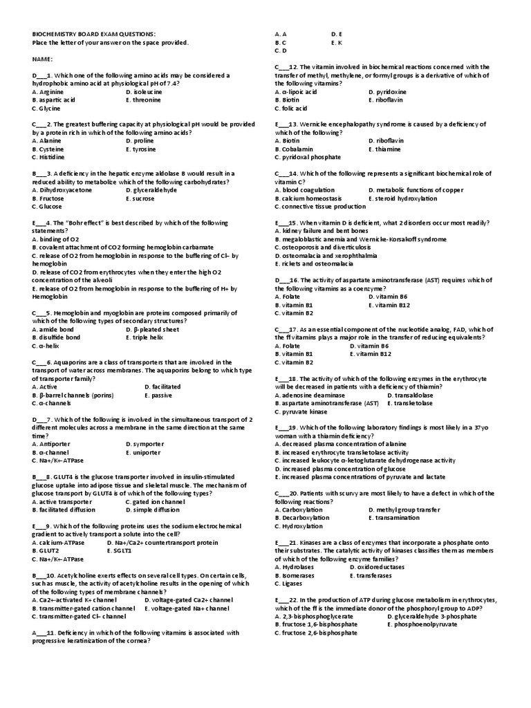 BIOCHEMISTRY BOARD EXAM QUESTIONS-answers | PDF | Citric Acid Cycle ...