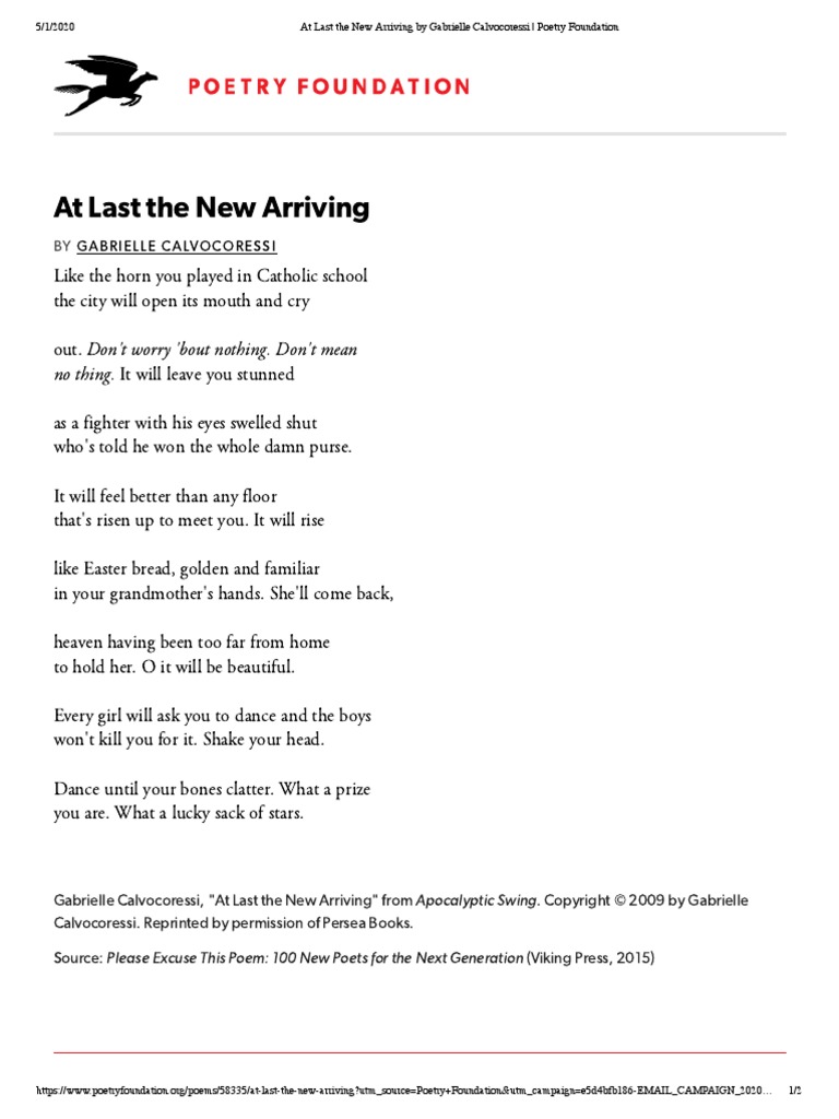 At Last The New Arriving by Gabrielle Calvocoressi - Poetry Foundation ...