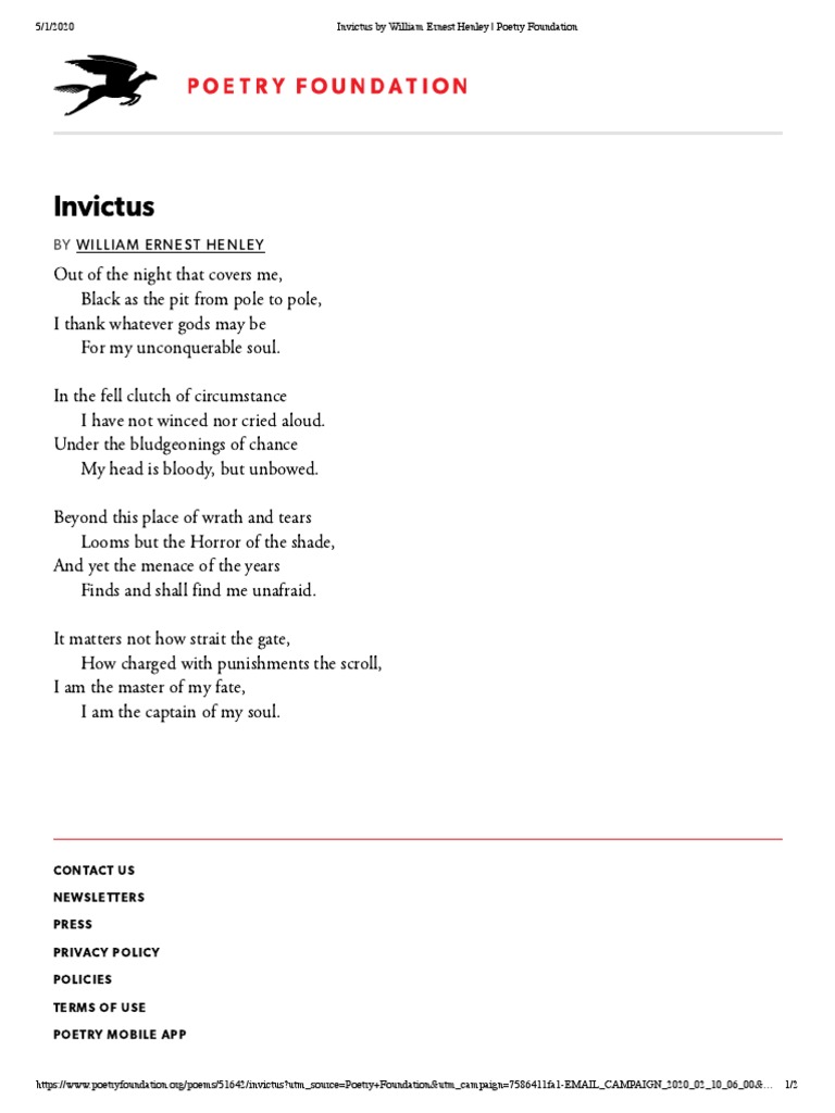 Invictus by William Ernest Henley - Poetry Foundation | PDF