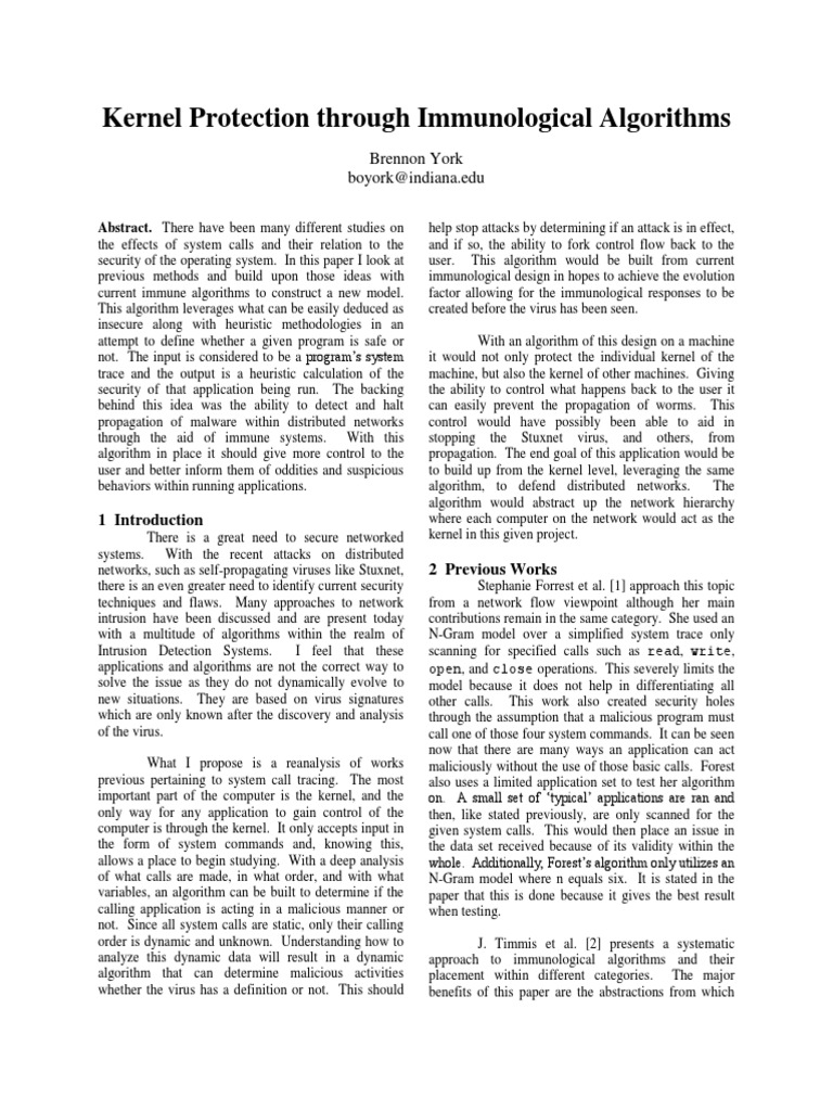 Kernel Protection Through Immunological Algorithms: Brennon York Boyork@indiana - Edu | PDF ...