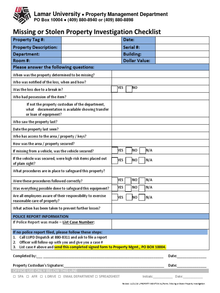 Missing or Stolen Property Investigation Checklist PDF | PDF ...