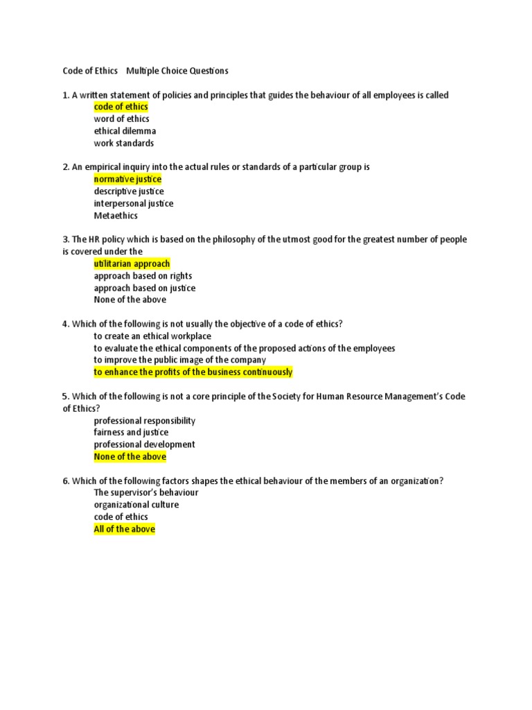Code of Ethics Multiple Choice Questions | PDF | Morality | Justice