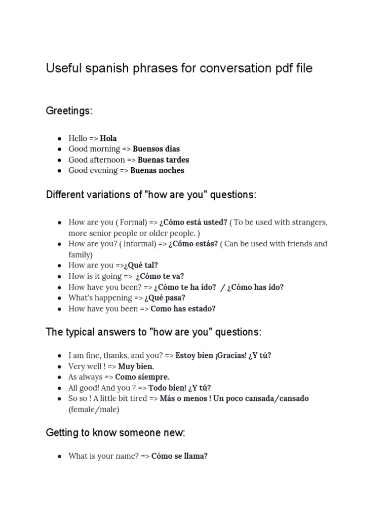 Useful Spanish Phrases For Conversation | PDF