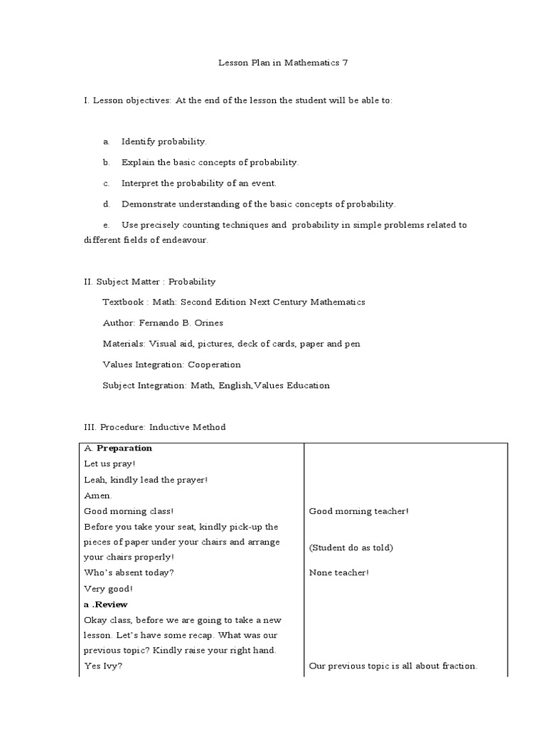 Lesson Plan in Mathematics 7 | PDF | Probability | Numbers