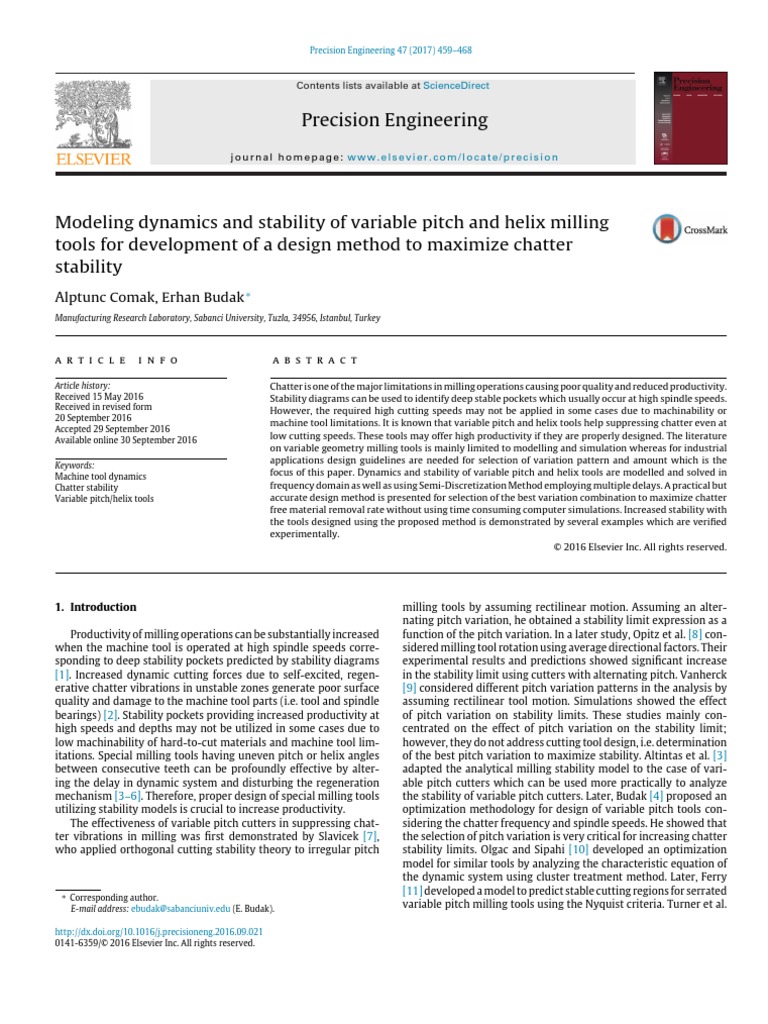Modeling Dynamics and Stability of Variable Pitch and Helix Milling PDF | PDF | Mathematical ...