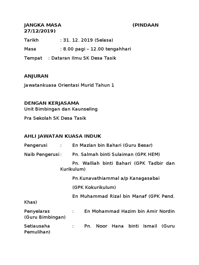 Senarai Ajk Orentasi Tahun 1 2020 | PDF