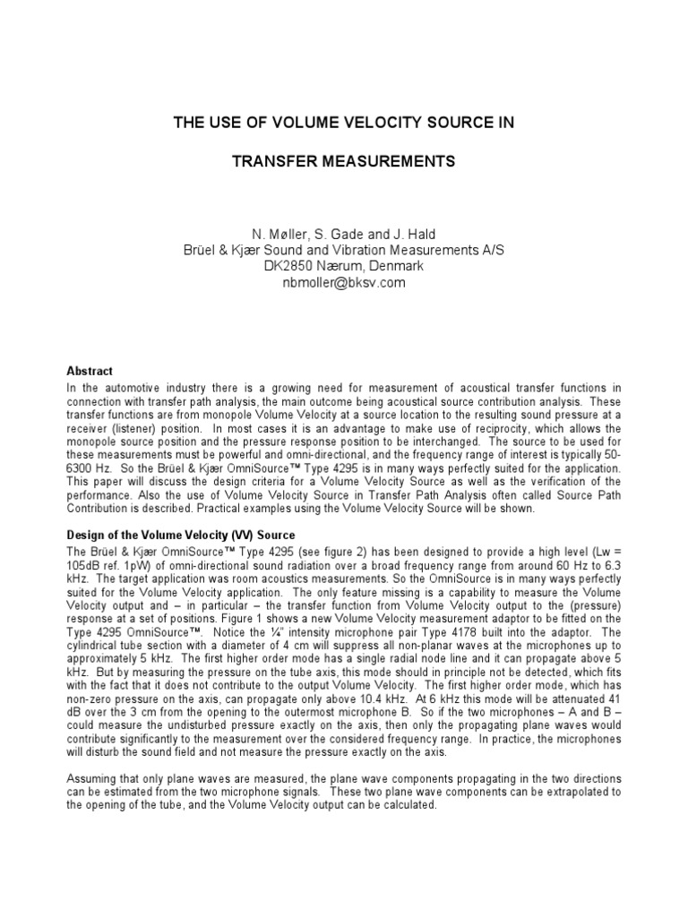 The Use of Volume Velocity Source in Transfer Measurements | PDF ...