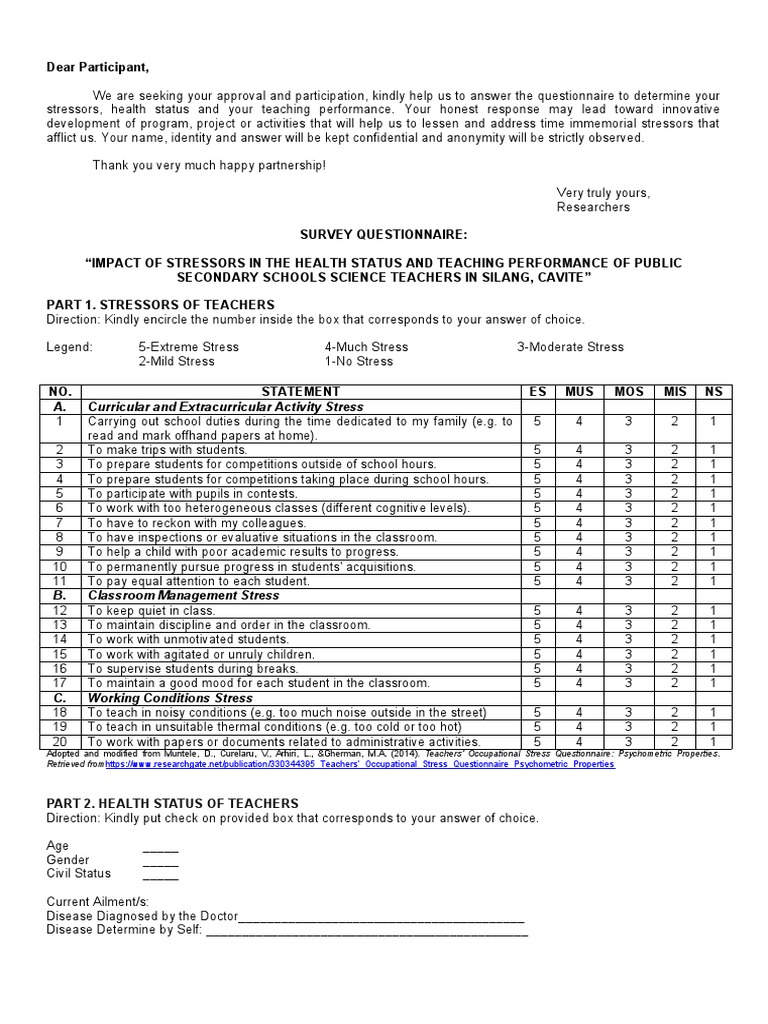 Dear Participant,: A. Curricular and Extracurricular Activity Stress ...