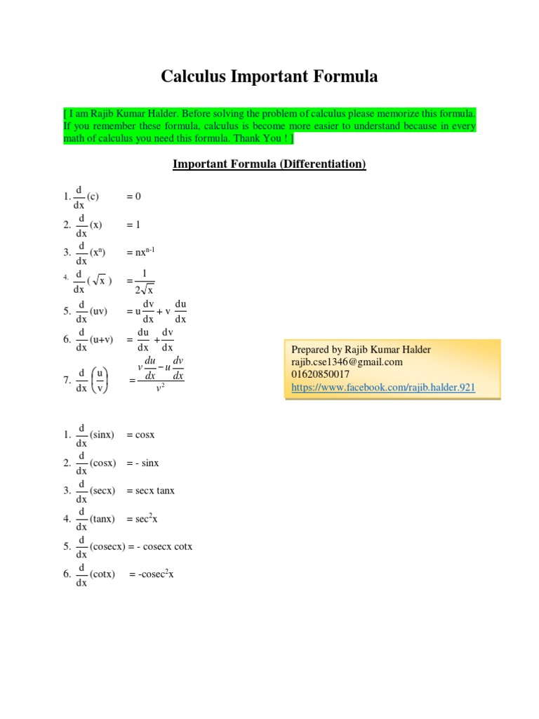 Calculus Important Formula Pdf Subtraction Lie Groups