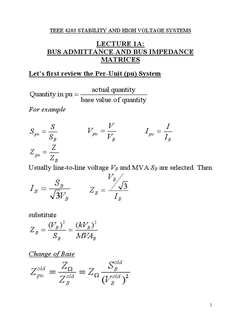 Lecture 1a. Bus Admittance and Bus Impedance Matrices | Download Free ...