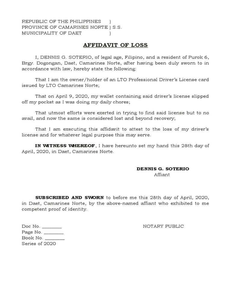 Affidavit of Loss for Driver's License | PDF