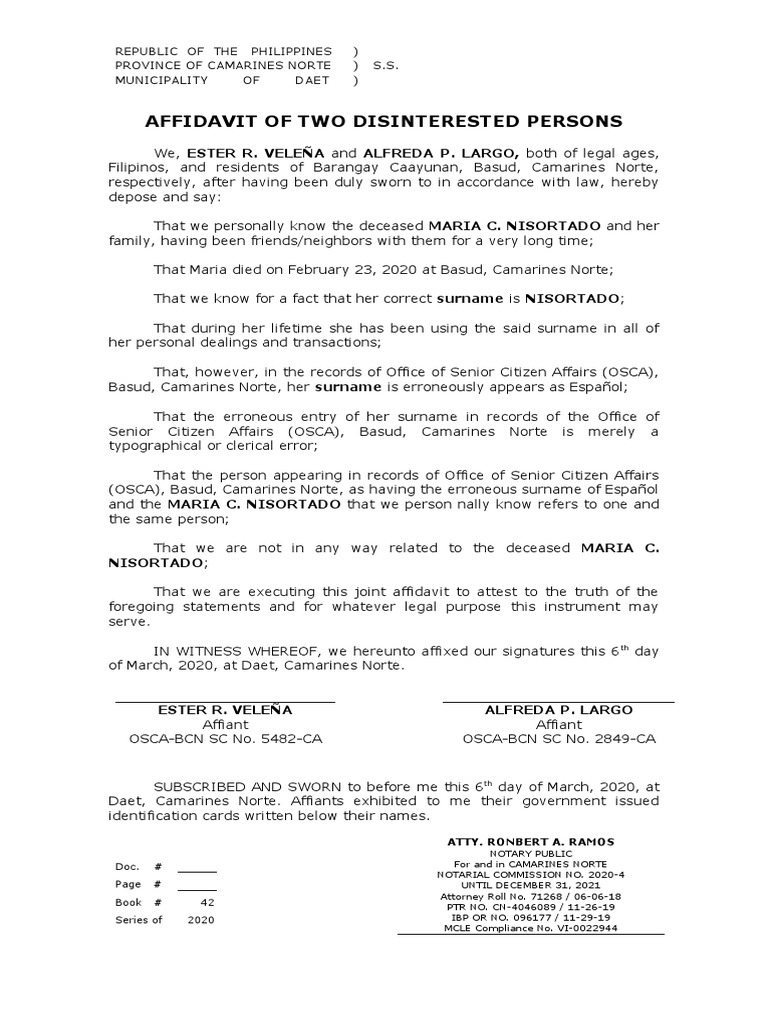 Affidavit of Two Disinterested Persons | PDF | Affidavit | Document
