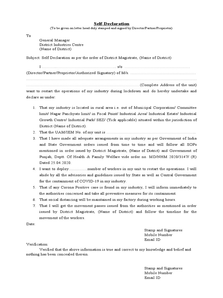 Self-Declaration: (To Be Given On Letter Head Duly Stamped and Signed ...