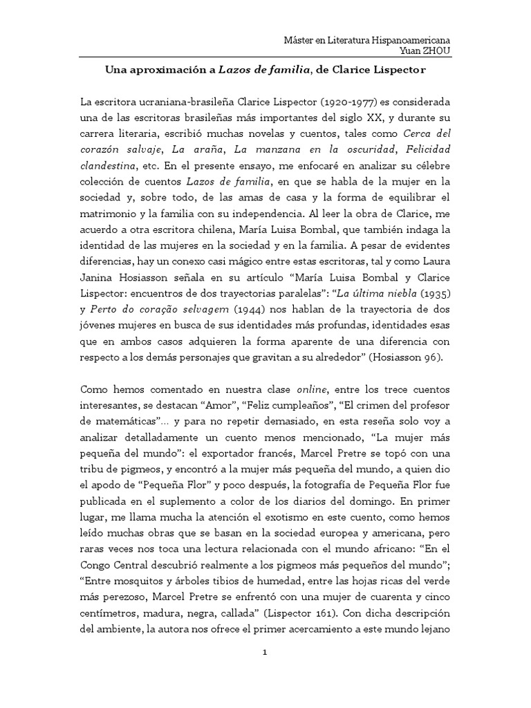 Comentario Personal Sobre Lazos de Familia, Yuan ZHOU PDF | PDF | Cuentos | Amor