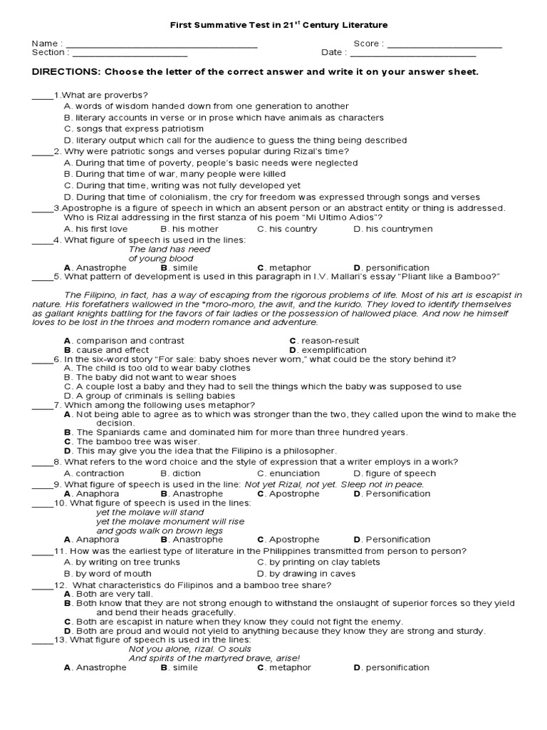 1st Summative Test in 21st Century Literature | PDF | Poetry
