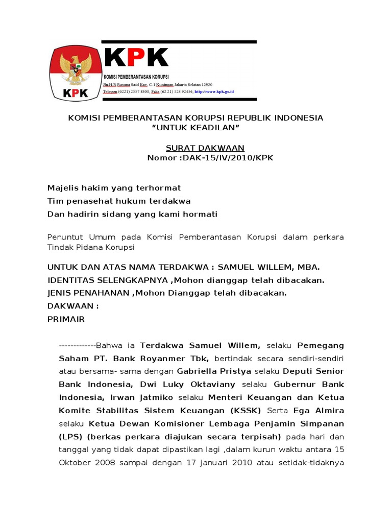 Surat Dakwaan KPK Terhadap Samuel Willem dalam Kasus Korupsi Pemberian Fasilitas Pendanaan ...