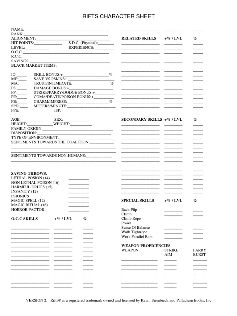 Rifts Character Sheet: Related Skills +% / LVL % | PDF | Leisure | Sports