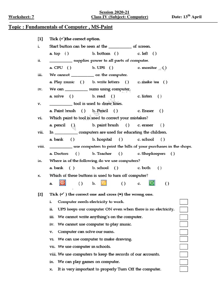 Class 4th Computer Worksheet-7 (13th) | PDF