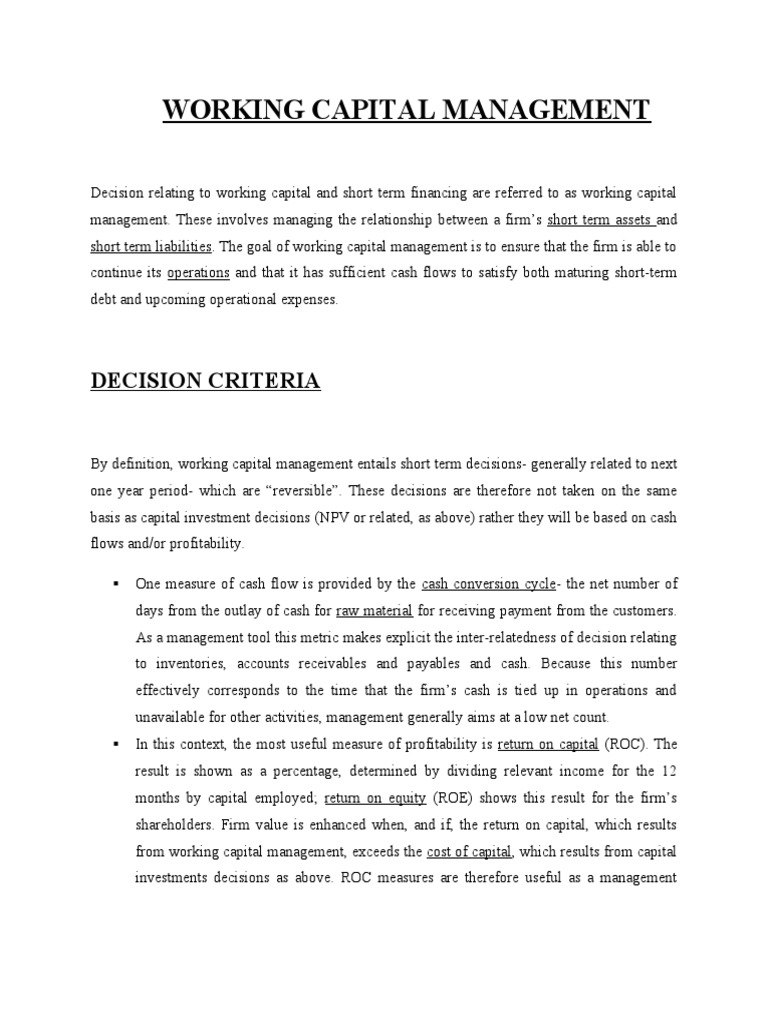 Working Capital Management: Decision Criteria | PDF | Working Capital ...