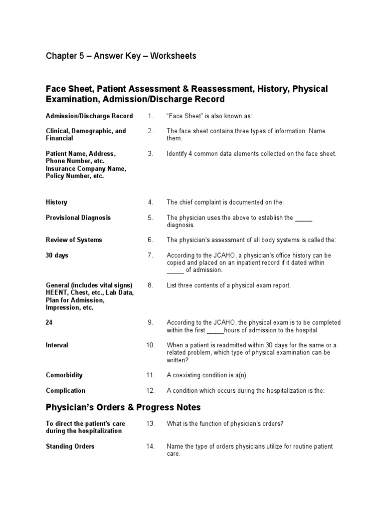 Face Sheet, Patient Assessment & Reassessment, History, Physical ...