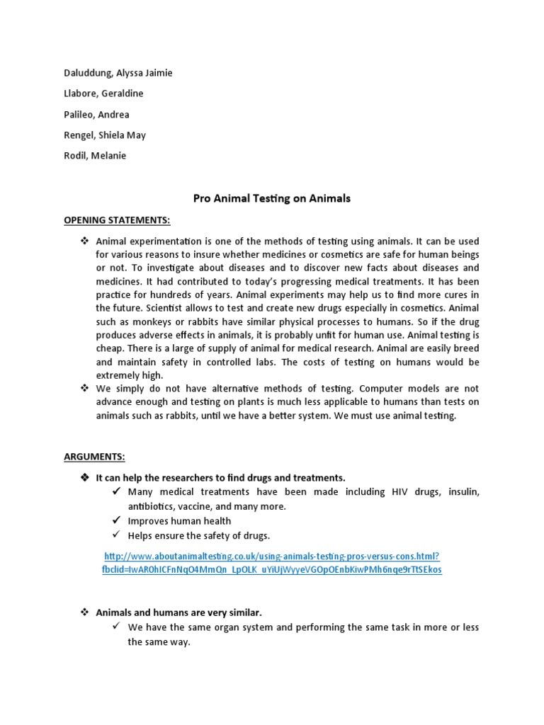 Pro Animal Testing On Animals: Opening Statements | PDF | Animal ...