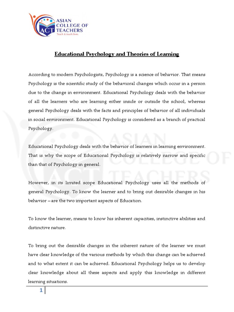 Educational Psychology and Theories of Learning | PDF | Educational ...