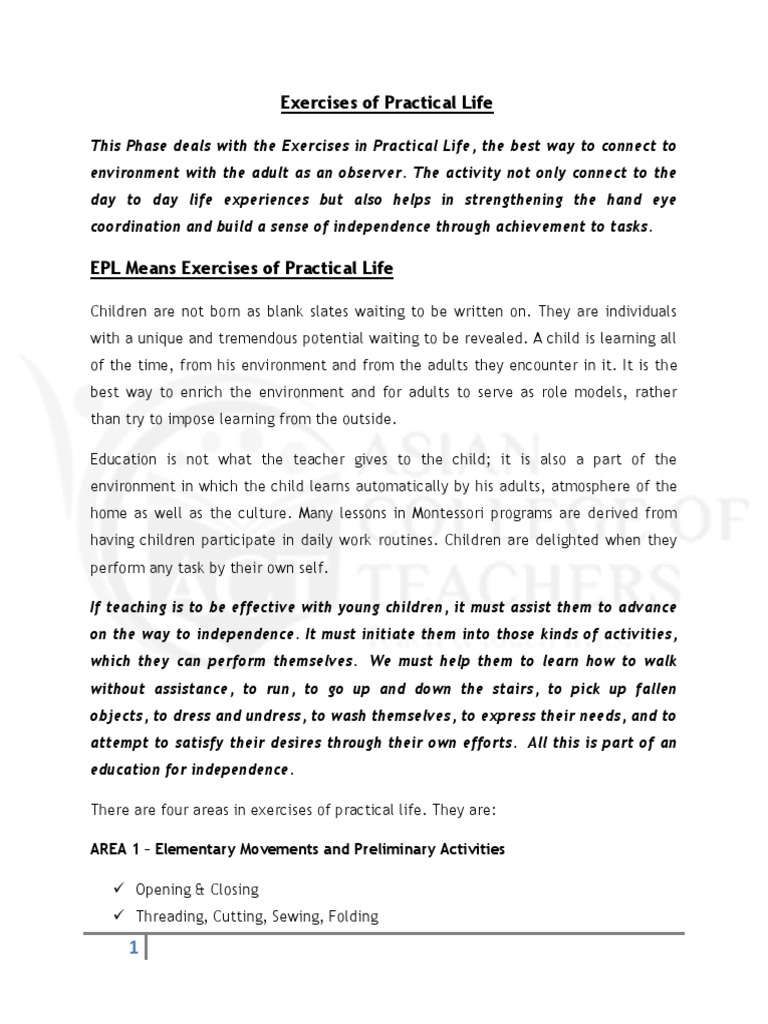 Exercises of Practical Life: AREA 1 - Elementary Movements and ...