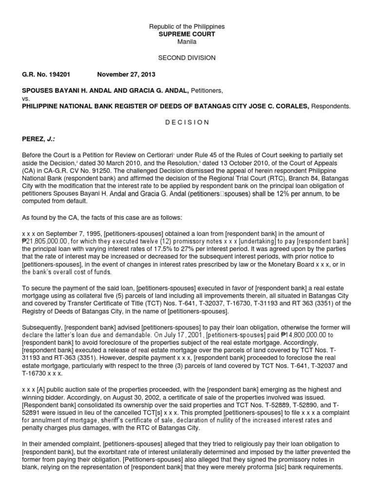 42 Sps. Andal vs. PNB | PDF | Foreclosure | Mortgage Law