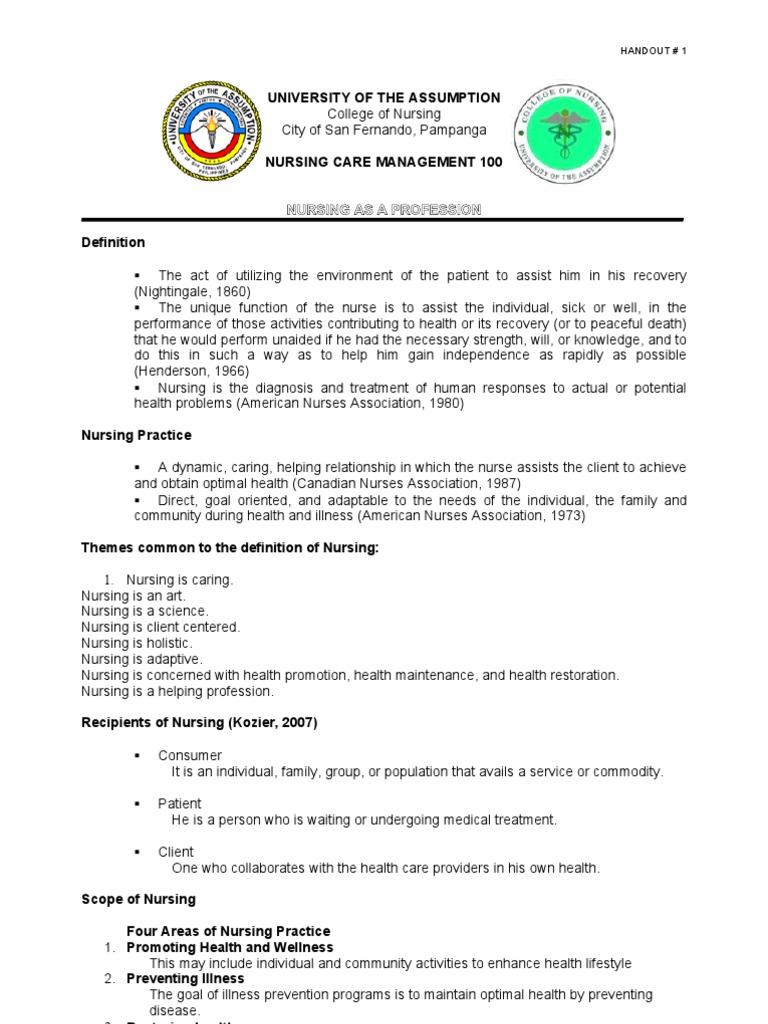 HANDOUT 1 Nursing Profession | PDF | Nursing | Profession