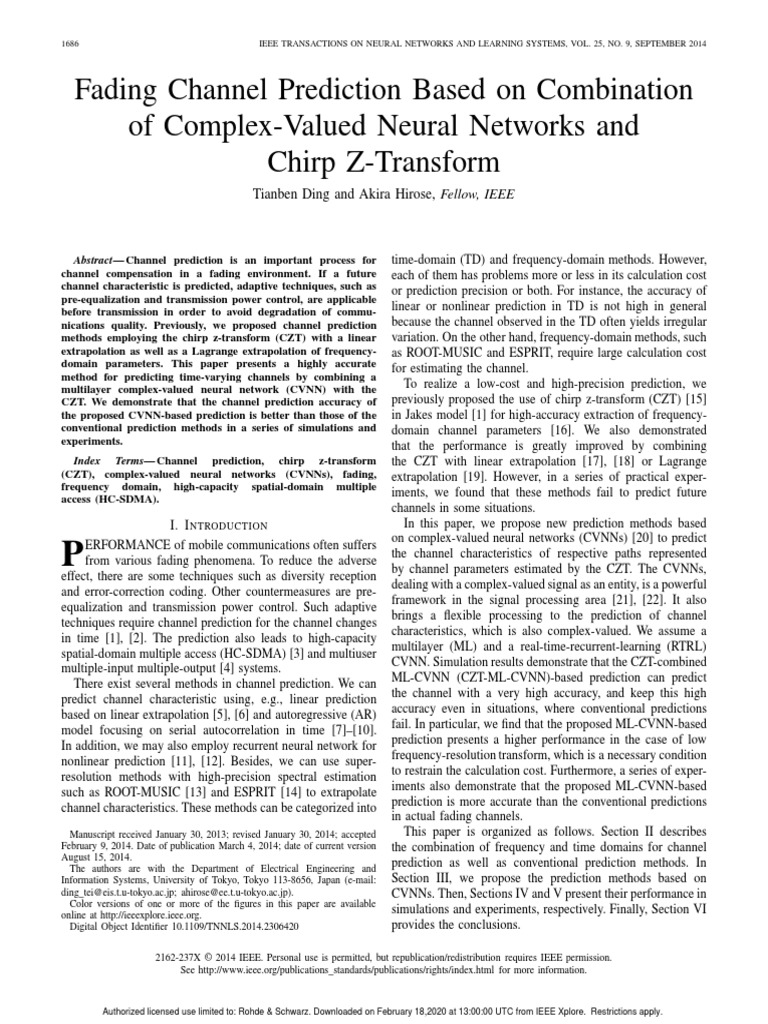 Fading Channel Prediction Based On Combination of Complex-Valued Neural Networks and Chirp Z ...
