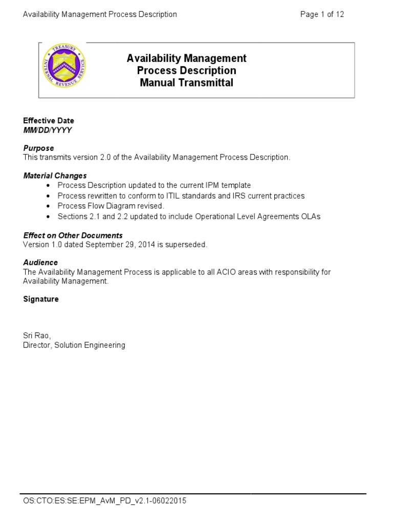 Availability Management Process Description Manual Transmittal | PDF ...