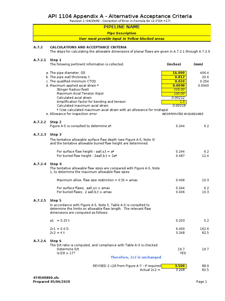 API 1104 Appendix A - Alternative Acceptance Criteria: Pipeline Name ...