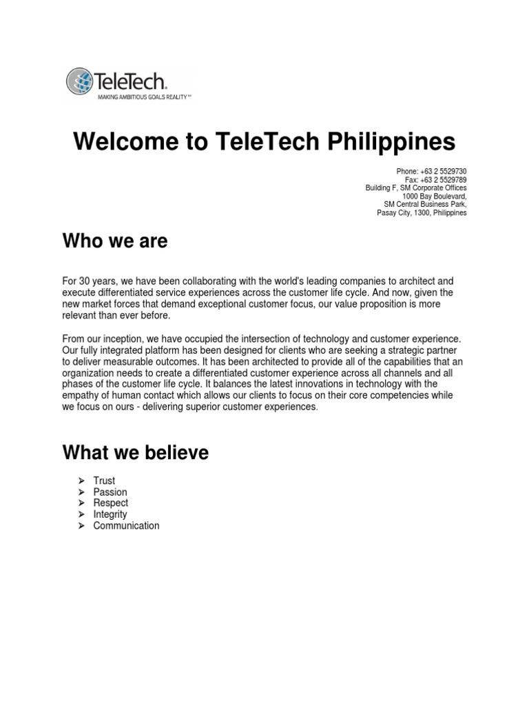 TeleTech Philippines - Welcome Packet | PDF | Payroll | Business