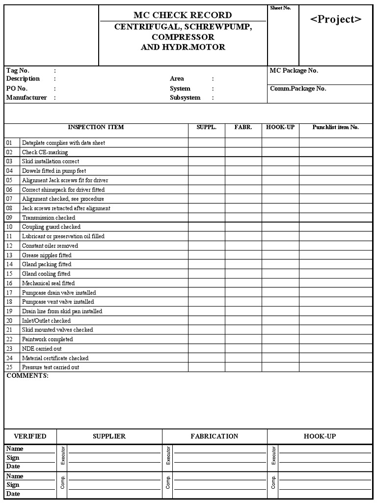 MC Check Record for Pumps and Motors | PDF